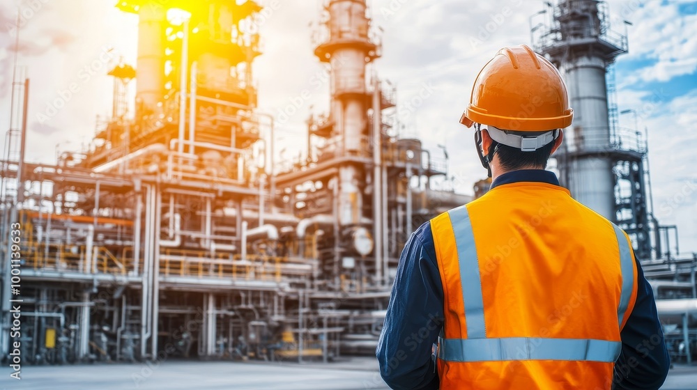Professional factory worker wearing safety gear and hardhat conducts a ...