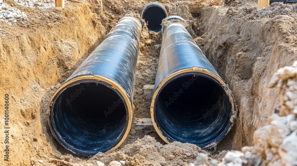 Water PVC plastic pipes laid in the ground at a plumbing construction ...