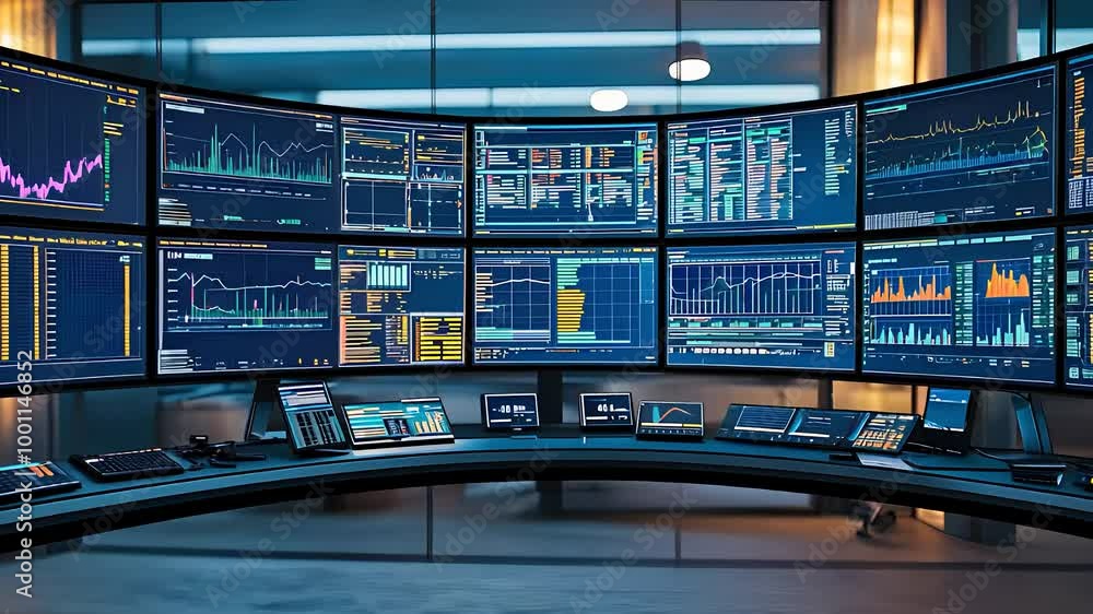 Advanced financial control room with multiple data screens, showcasing ...