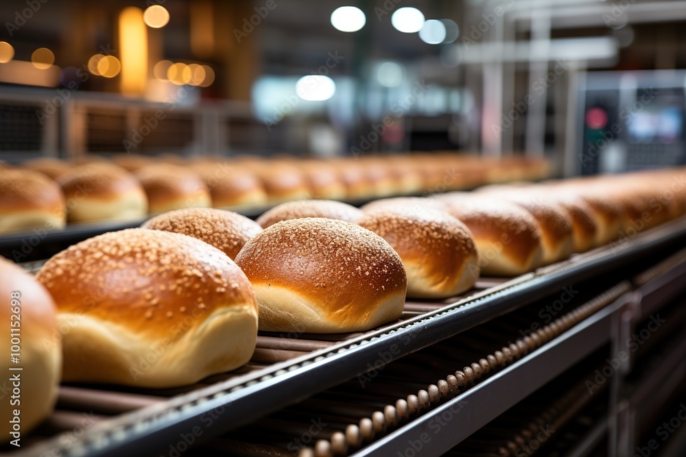 Food production process in a plant. Manufacturing bread loafs Stock ...