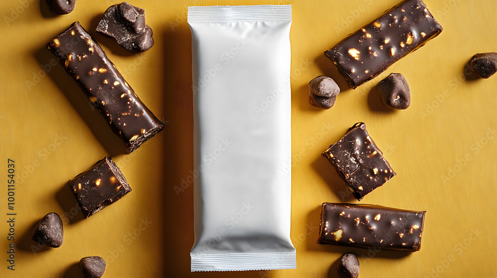 Overhead flat lay view of energy protein bar or chocolate bar snack ...