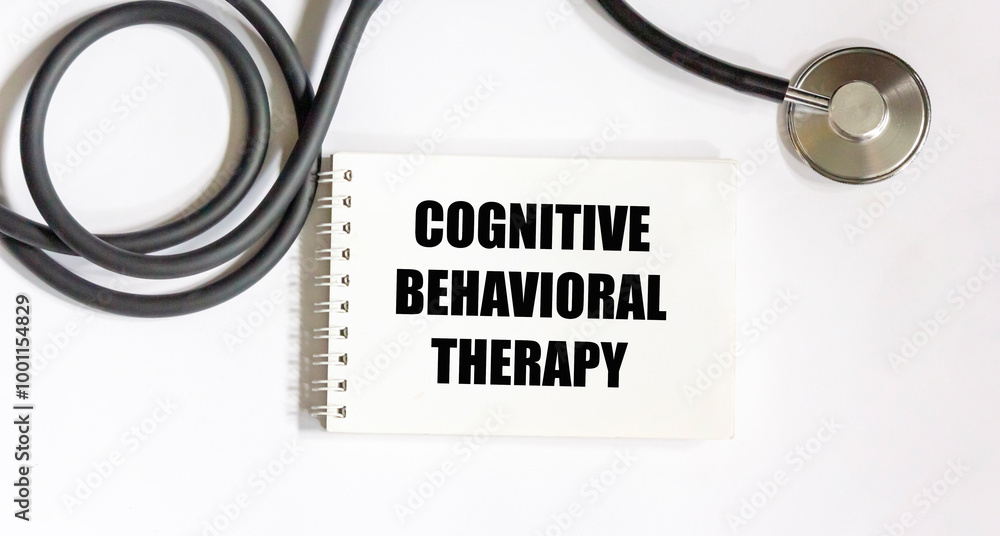Stescoscope with COGNITIVE BEHAVIORAL THERAPY notepad on white ...