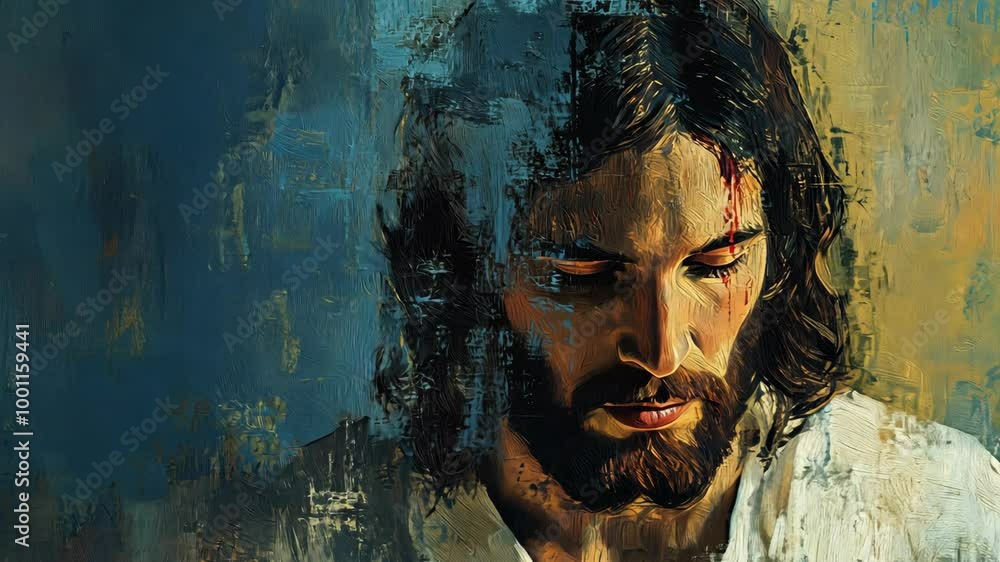 A painting of Jesus with a sorrowful expression and blood on his ...