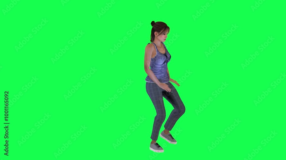 Beautiful white lady in gray clothes dancing from left angle on green ...