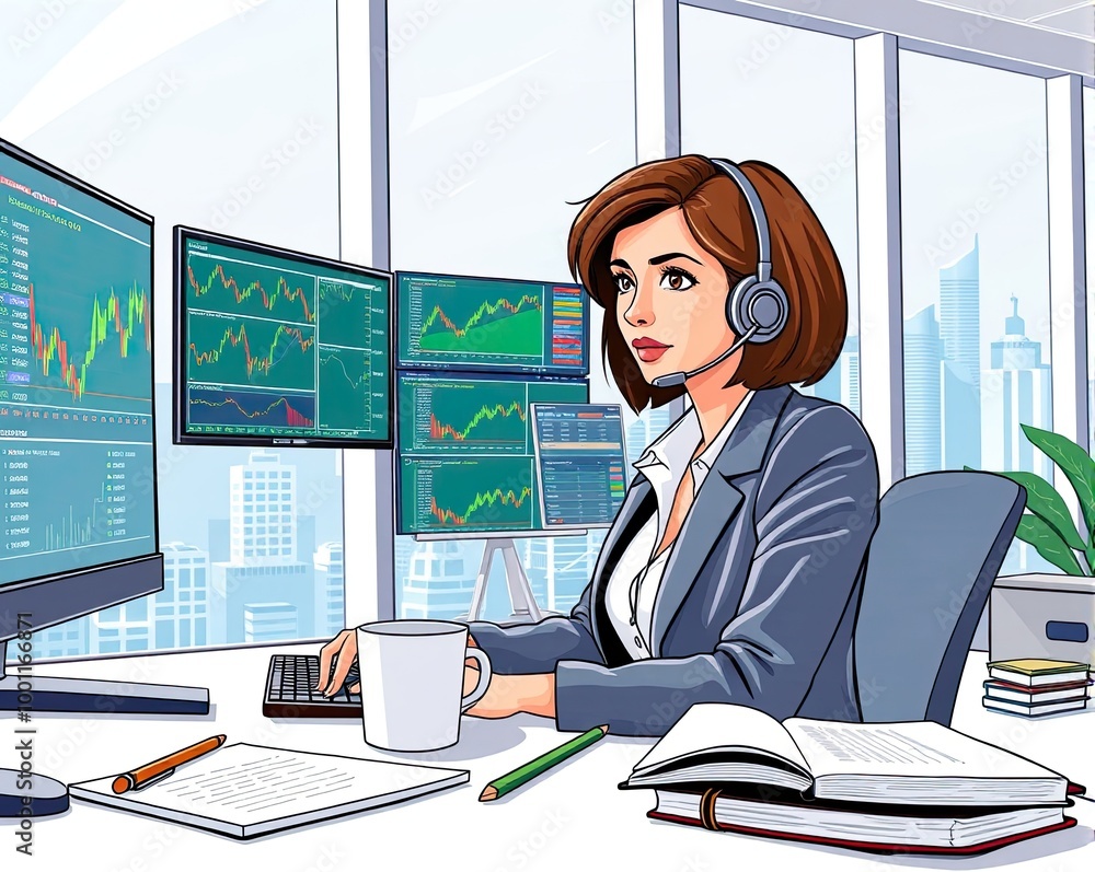Vector cartoon illustration of a woman trading forex on the computer ...