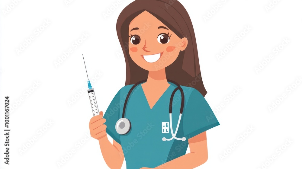 Cartoon nurse holding a syringe and a stethoscope, smiling warmly ...