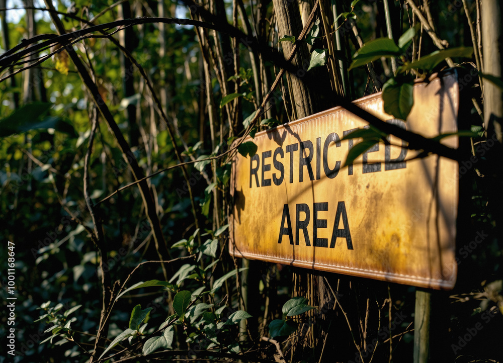 Restricted Area sign in overgrown nature, yellow warning, swamp and ...