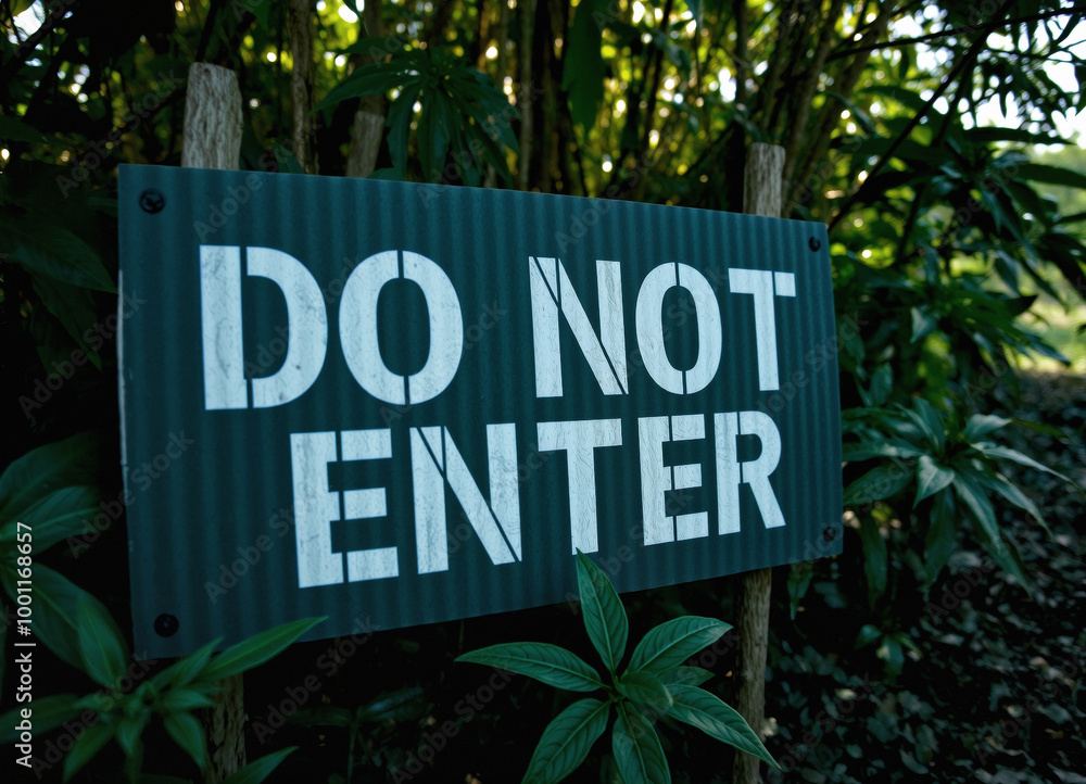 Do Not Enter sign in overgrown forest, green and white warning for ...