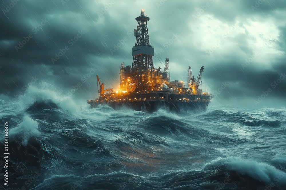 oil rig standing resilient against turbulent ocean waves under stormy ...