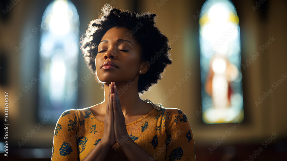 Prayer, christian and thinking with black woman in church for worship ...