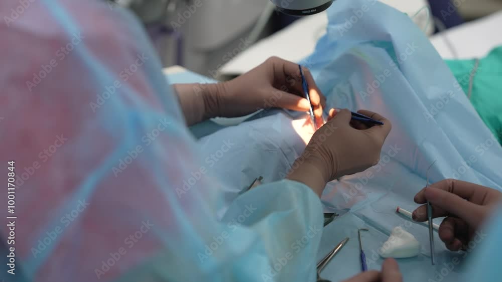 Surgical team performing eye surgery using medical instruments. Stock ...