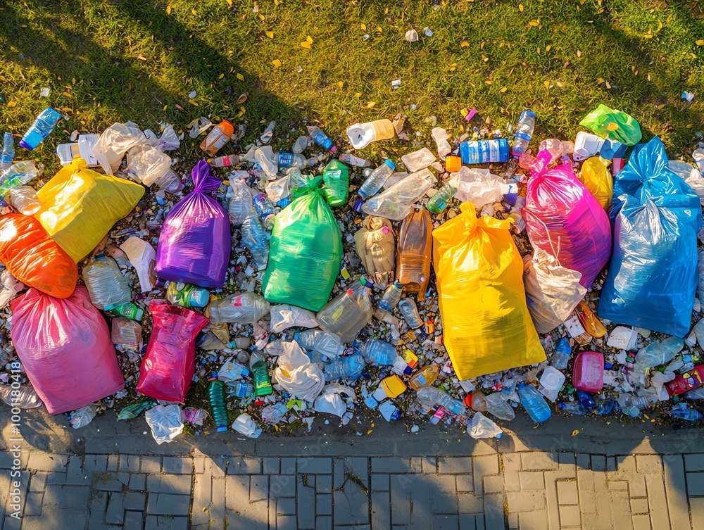 Top view of colorful garbage bags and scattered litter on a green lawn ...