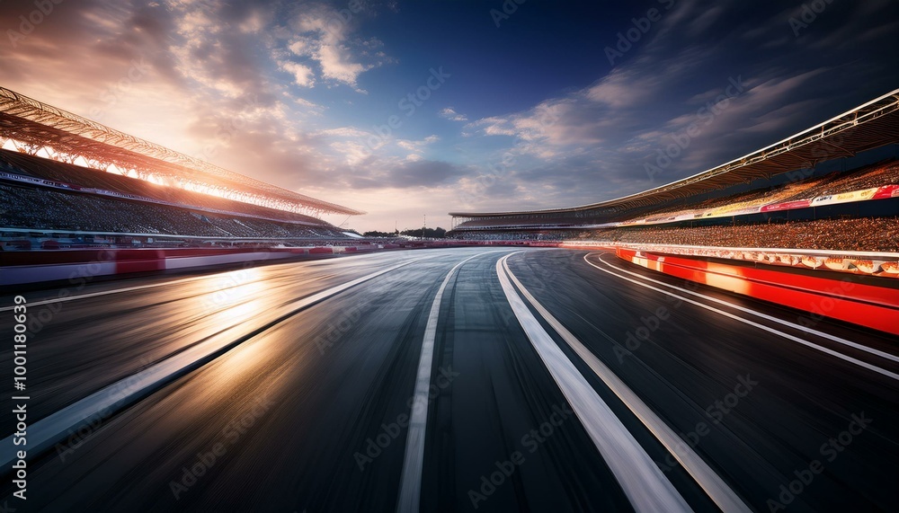 An F1 race track circuit road, depicted with motion blur, features a ...