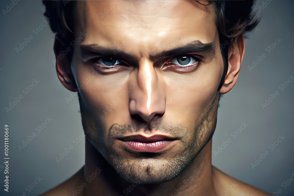 Close-up of a strong, toned male face with pronounced facial muscles ...