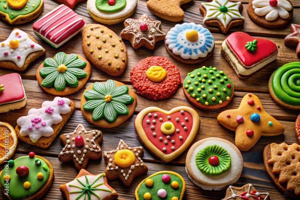Colorful assortment of fresh-baked cookies in various shapes and sizes ...