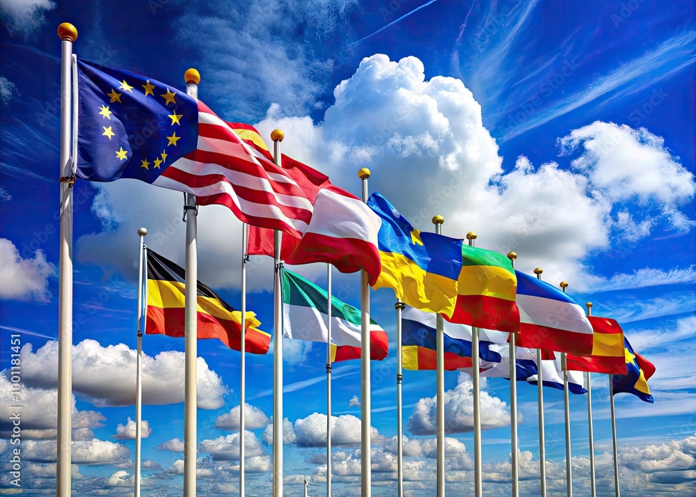 Colorful display of European country flags waving together in harmony ...