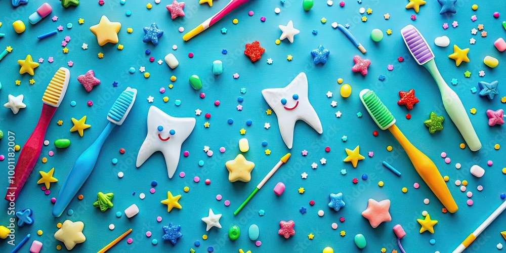 Colorful teeth-shaped confetti, toothbrushes, and dental symbols ...