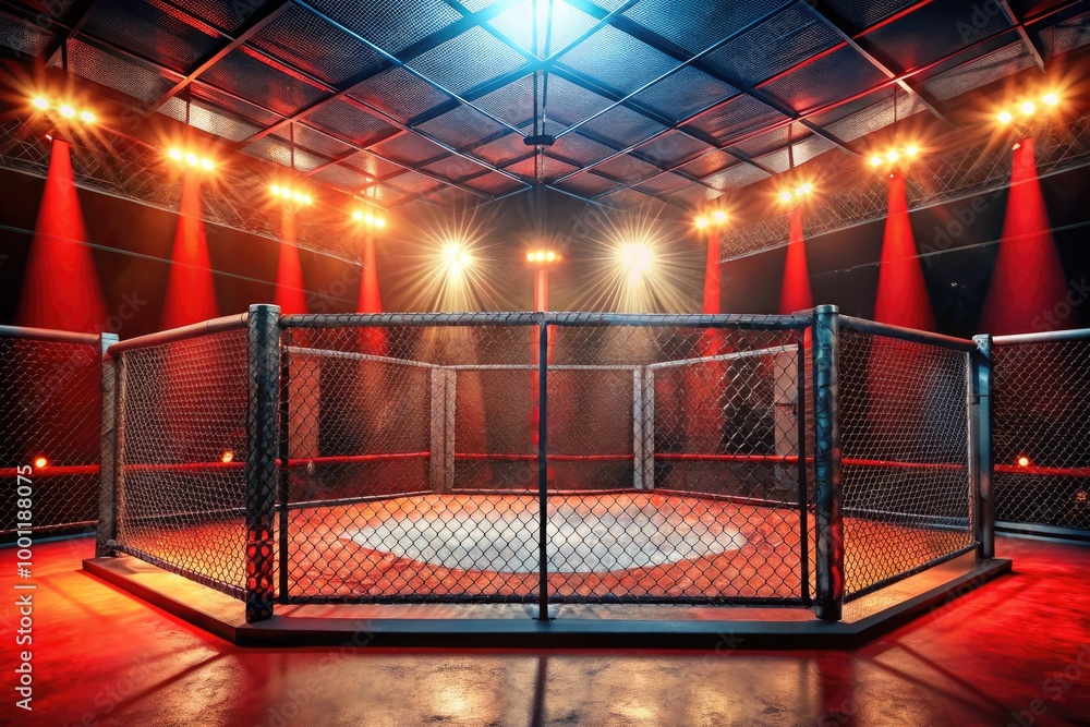 Dimly lit, intense MMA arena atmosphere with spotlights shining down on ...