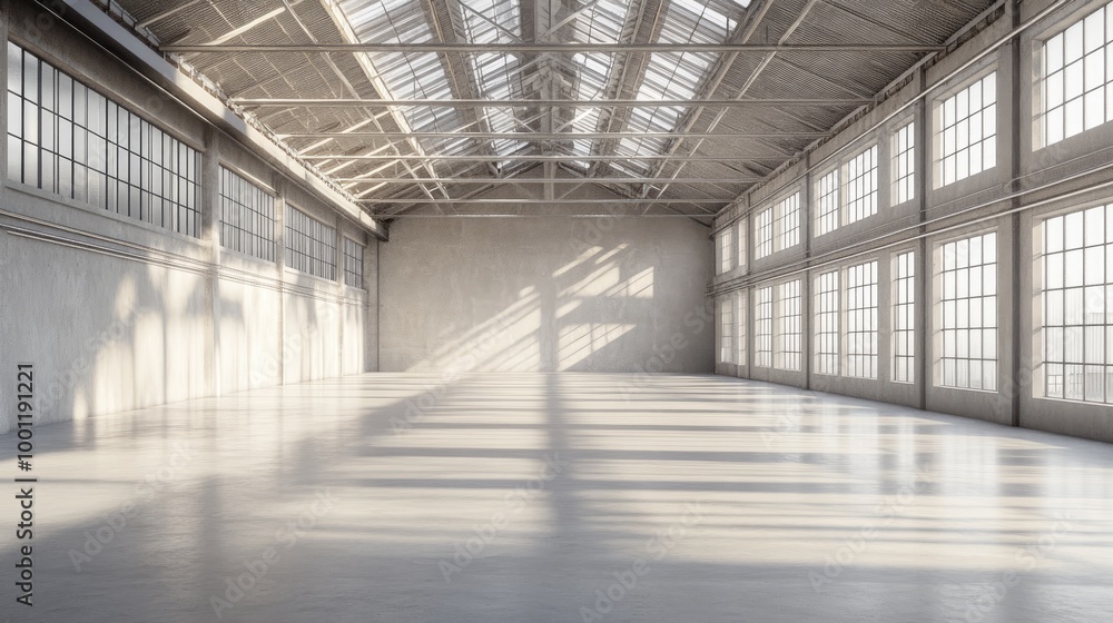 A wide, empty warehouse hall turned studio space with lofty ceilings ...
