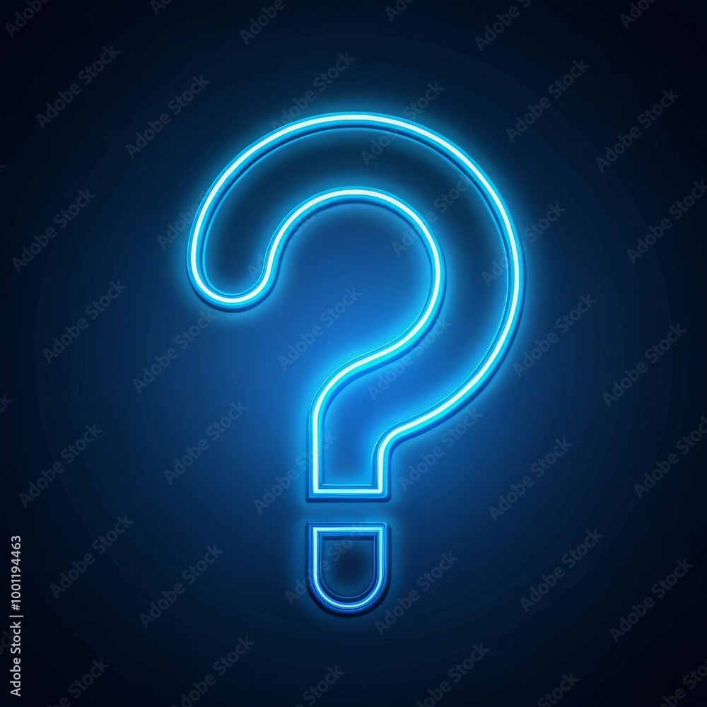 Neon blue question mark on a dark background. Concept of questioning ...