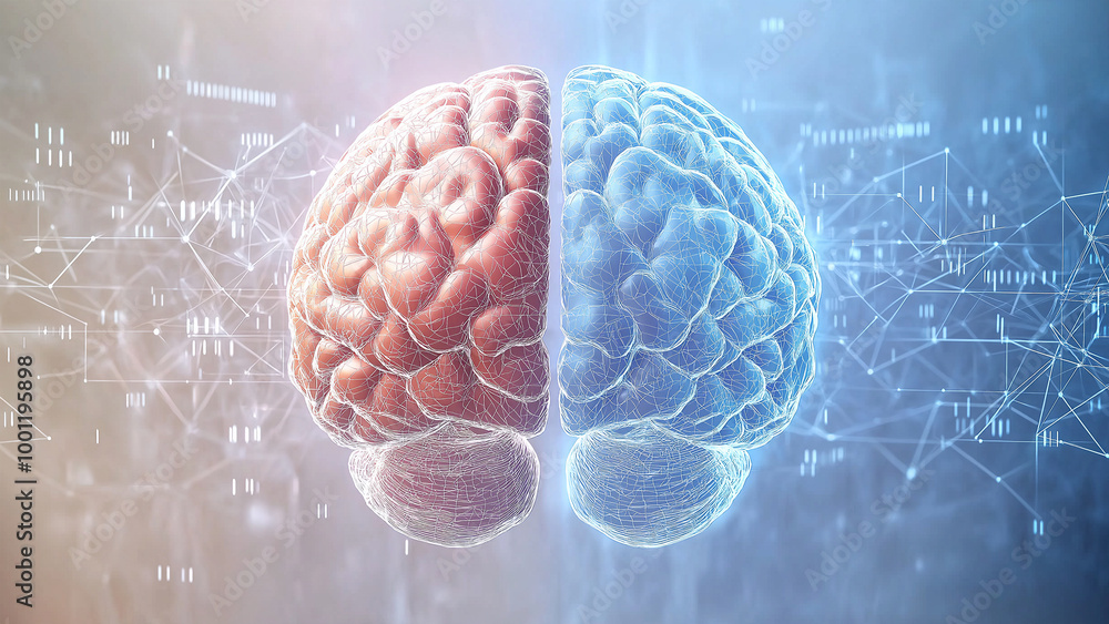 Brain image with right and left brains color-coded. Artificial ...