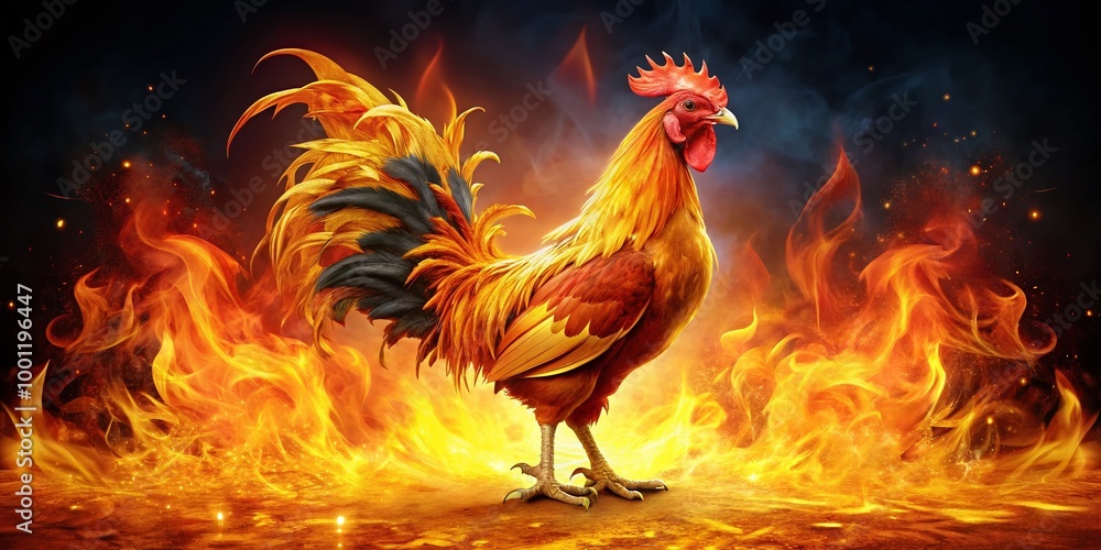 Flaming rooster silhouette proudly stands amidst blazing inferno ...