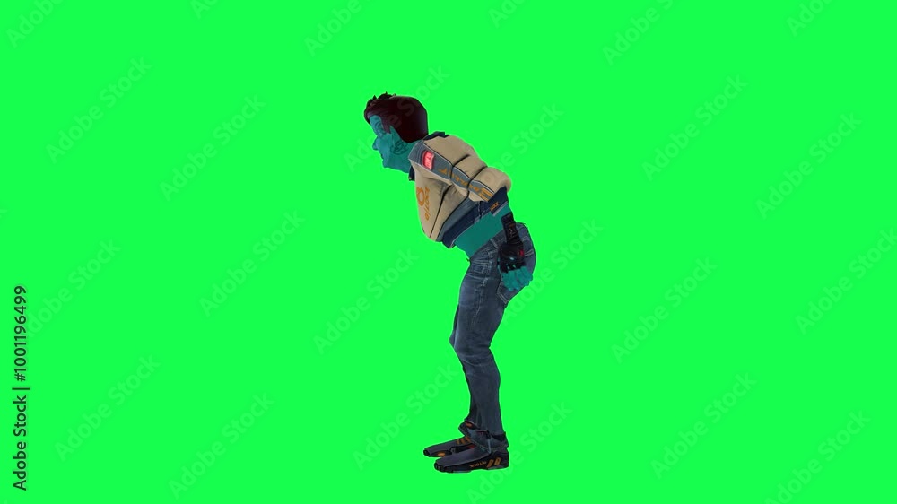 Blue 3D warrior character looking around and talking from right angle ...