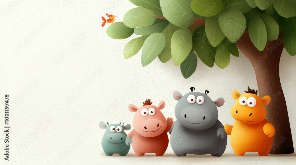 Three joyful hippos splash playfully in the water, their wide smiles and carefree energy ...