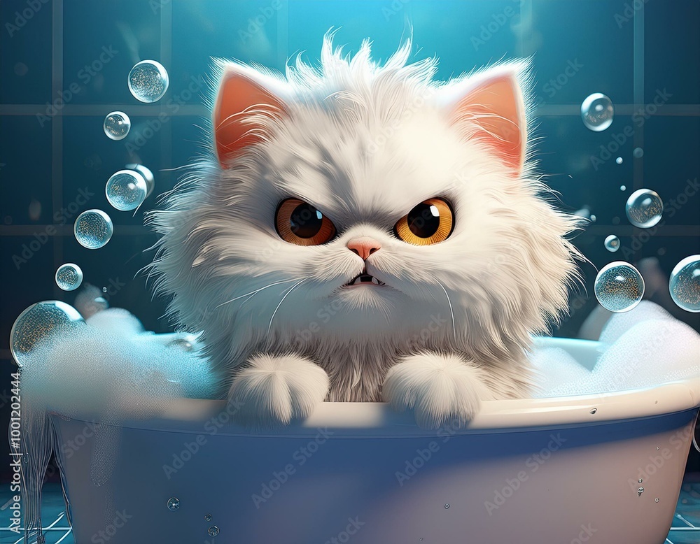 Cute Cartoon Grumpy Angy Kitty Cat Taking a Bubble Bath in a Bathtub ...