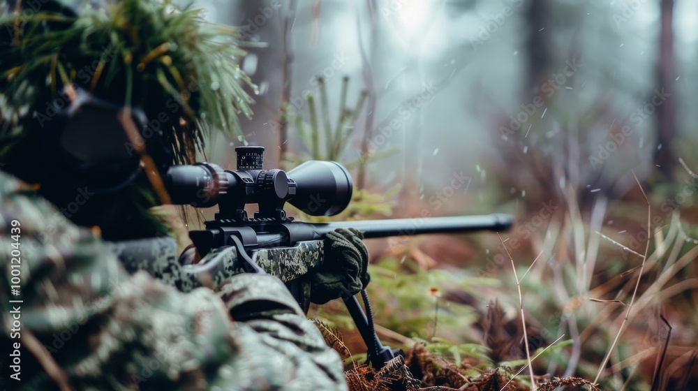 A focused soldier in camouflage gear aims his sniper rifle brilliantly ...