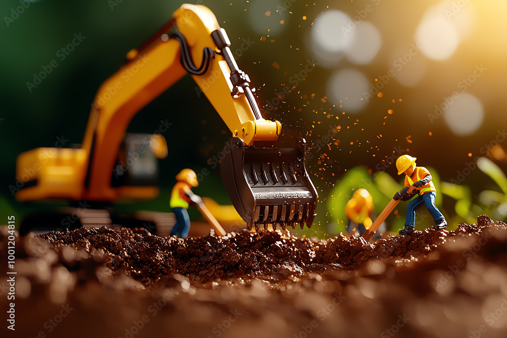 Tiny workers building foundations on a detailed isometric construction ...