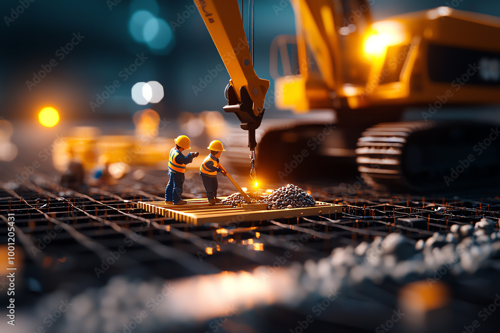 Tiny workers building foundations on a detailed isometric construction ...