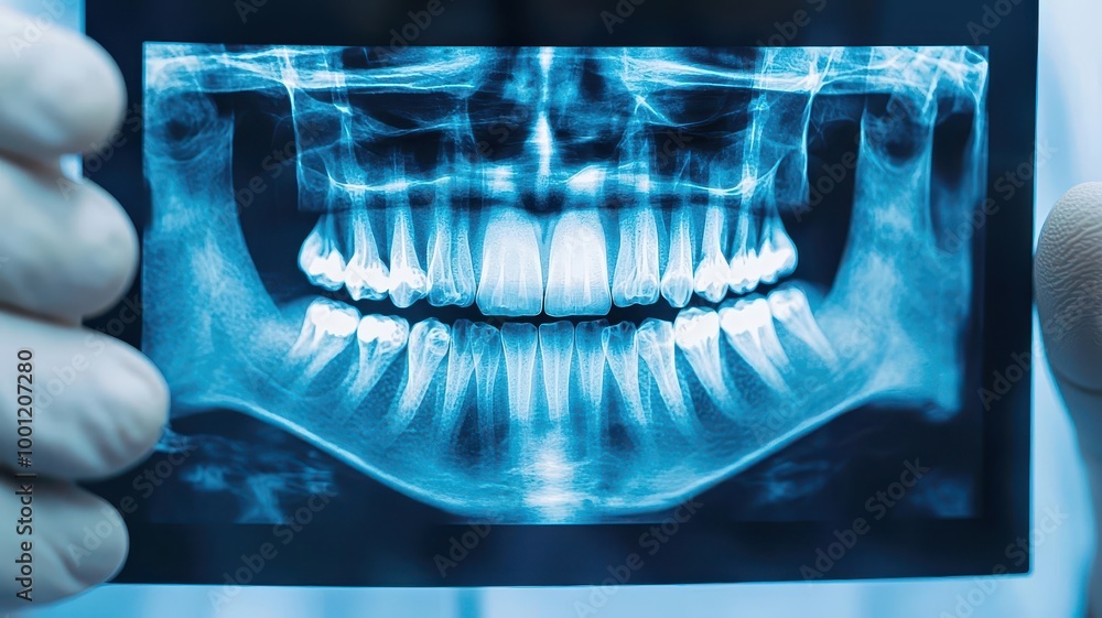 Dental X-ray showing teeth and jaw alignment, healthcare concept ...