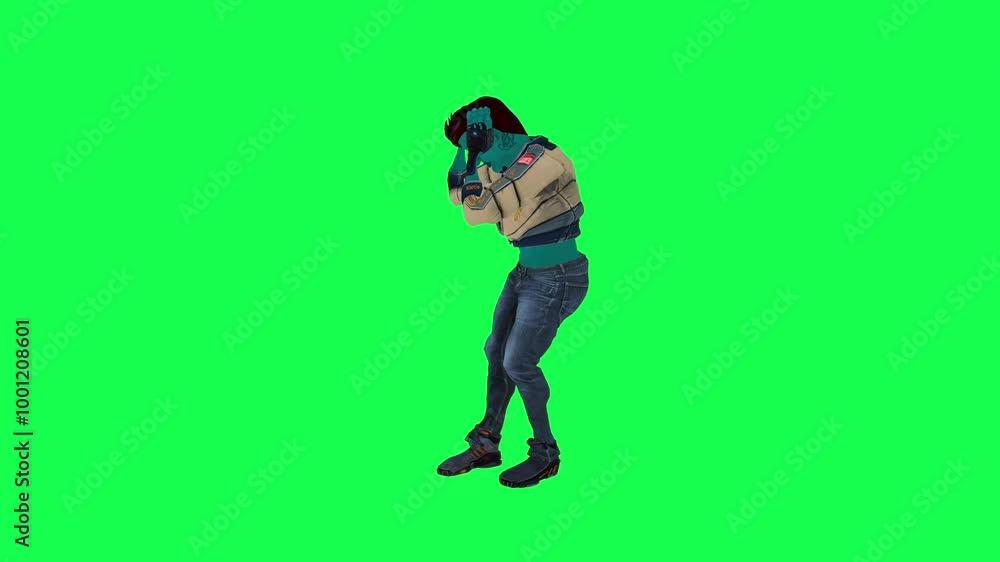 Wounded 3D animated blue giant running tired from opposite angle on ...