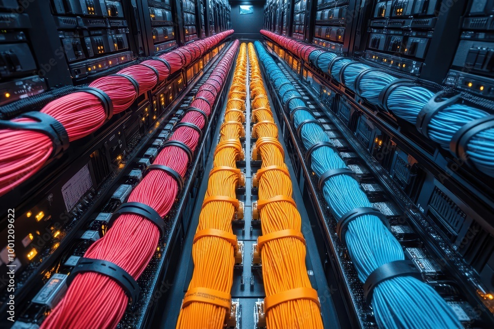 server rack densely packed with fiber optic cables a hub of connectivity representing the ...