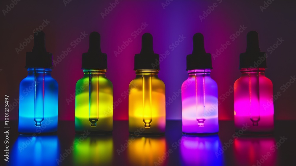 Colorful array of dropper bottles glow against a dark backdrop ...