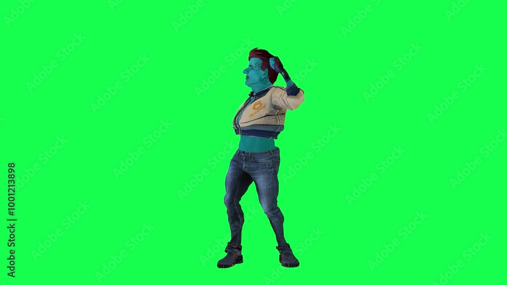 Blue spaceman rejoicing after victory from opposite angle on green ...