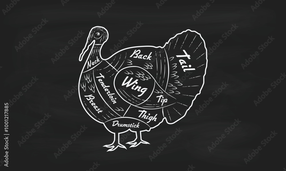 Cuts of Turkey meat. Turkey cuts. Butcher's guide diagram. Vintage ...
