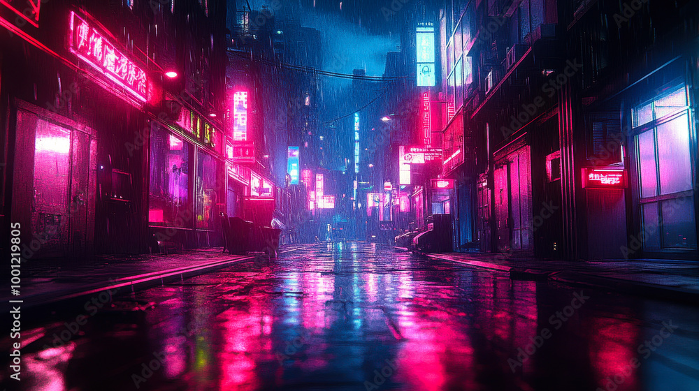 Cyberpunk City Street at Night with Neon Lights, Gloomy Rainy Alley ...