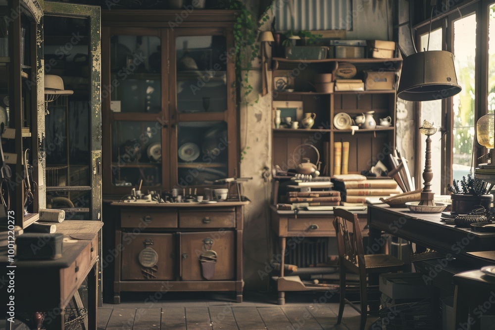 A rustic, cluttered antique shop is softly lit by natural light ...
