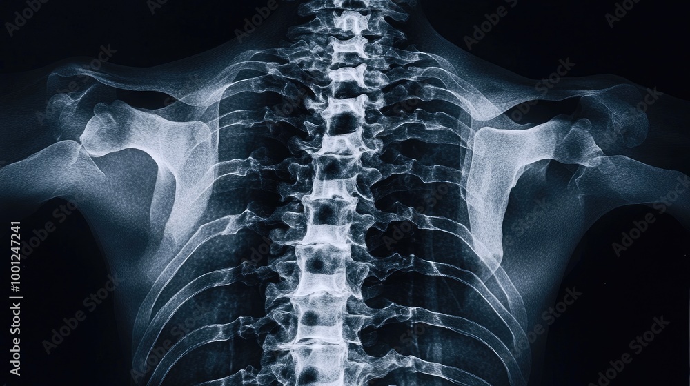 Detailed X-ray of a human spine and ribcage with organs visible ...