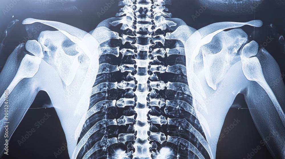 Detailed X-ray of a human spine and ribcage with organs visible ...
