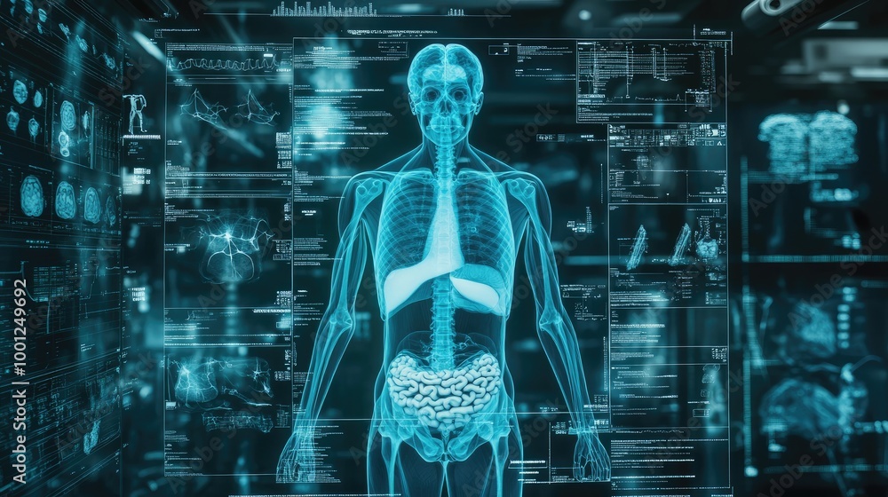 Digital X-ray of the human body with visible organs and treatment zones ...
