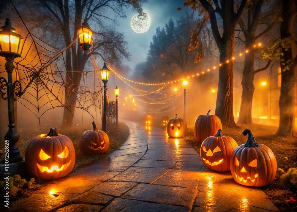 Spooky autumn night scene with glowing jack-o'-lanterns, spider webs ...