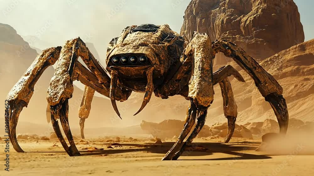 A robotic spider traverses an arid desert landscape, symbolizing ...