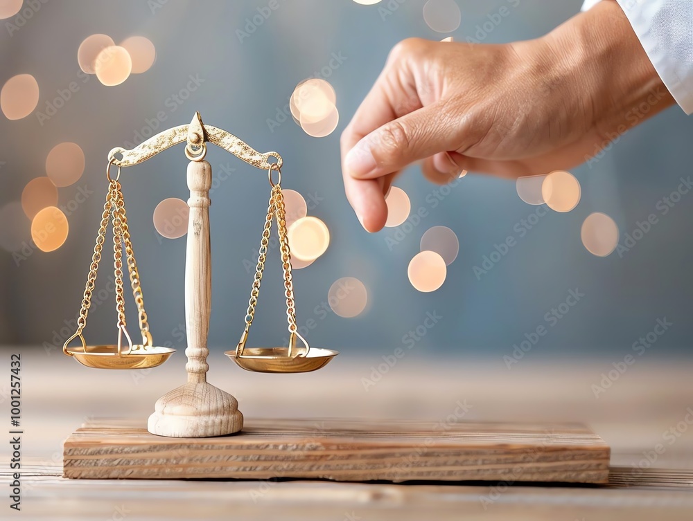 scale balanced by a human hand, glowing with focused light arcs ...