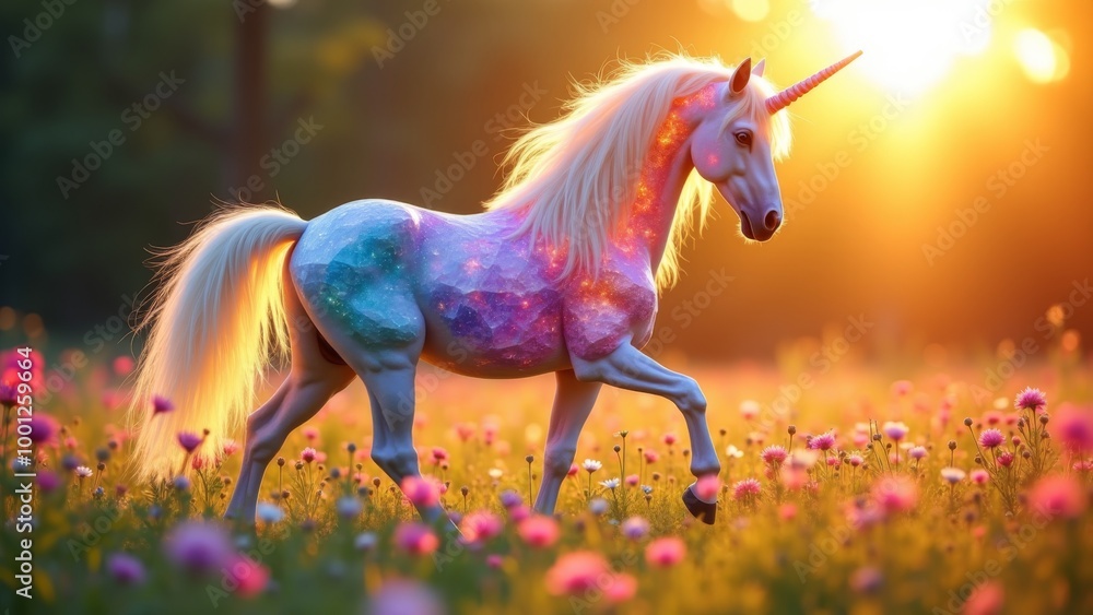 Generative AI, a unicorn is standing in a field of flowers with the sun ...