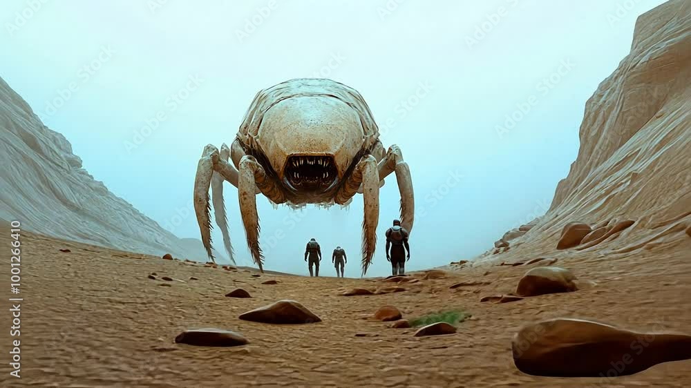 Adventurers encounter a gigantic alien creature in a desolate desert ...