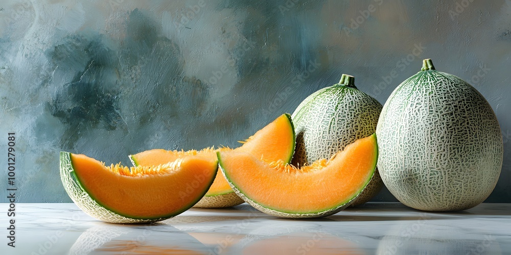 Fresh cantaloupe melons, both whole and sliced, rest on a white marble ...