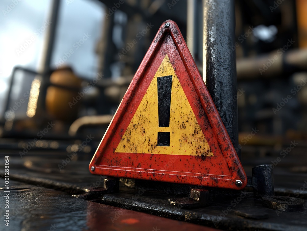 A close-up of a warning sign in an industrial setting, emphasizing ...